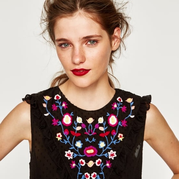 Zara | Tops | Nwt Zara Floral Embroidered Dot Mesh Peplum Blouse | Poshmark